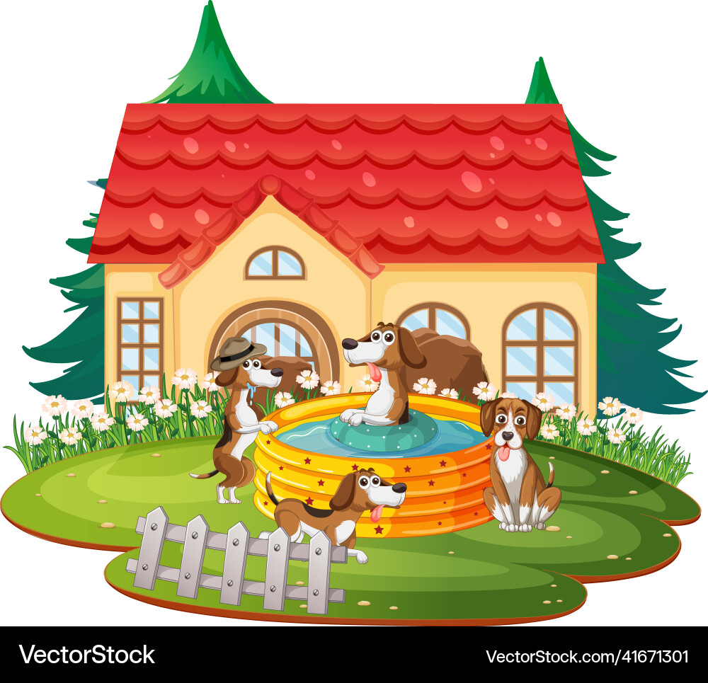 Many dogs playing outside the doghouse Royalty Free Vector