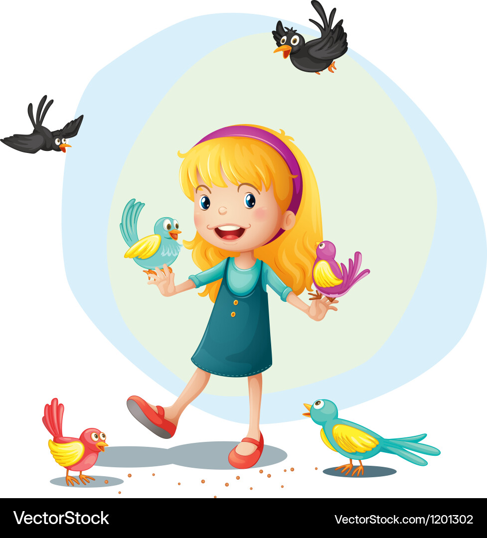A girl playing with the birds Royalty Free Vector Image