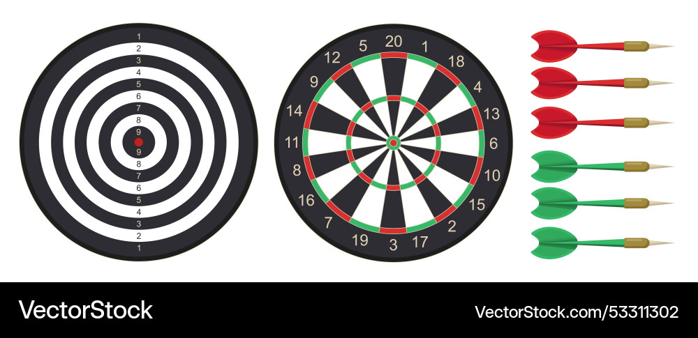 Dart board set red and green darts pack Royalty Free Vector