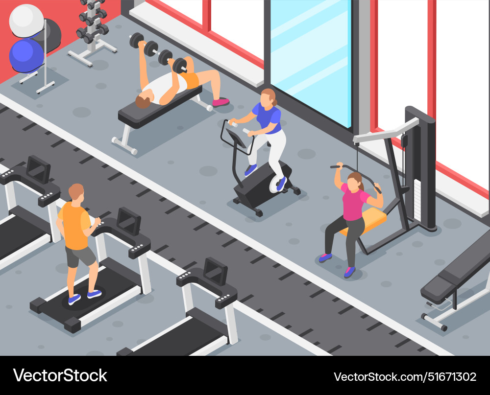 Isometric gym fitness center with people Vector Image