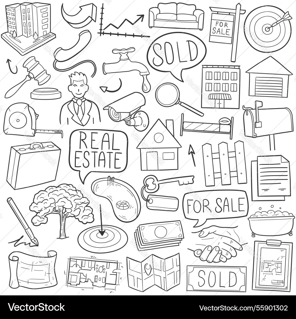 Real state doodle icons line art Royalty Free Vector Image