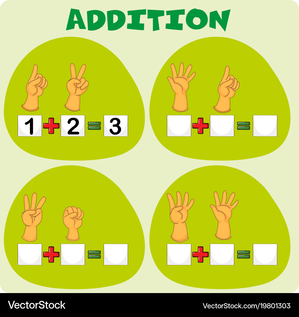 Addition worksheet with hand symbols Royalty Free Vector