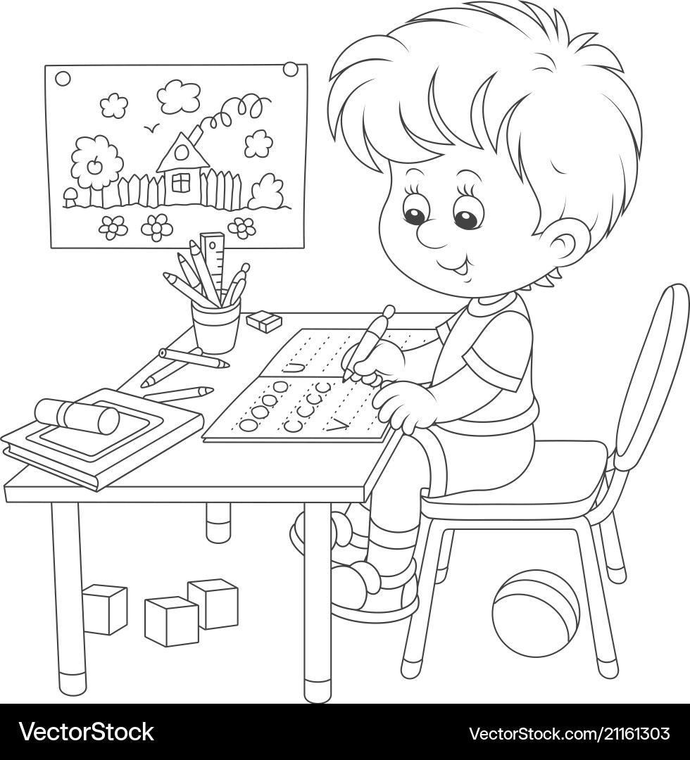 Boy doing homework after his game with toys Vector Image