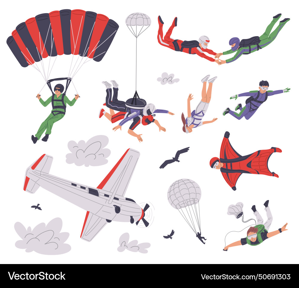 Skydiving set of cartoon Royalty Free Vector Image