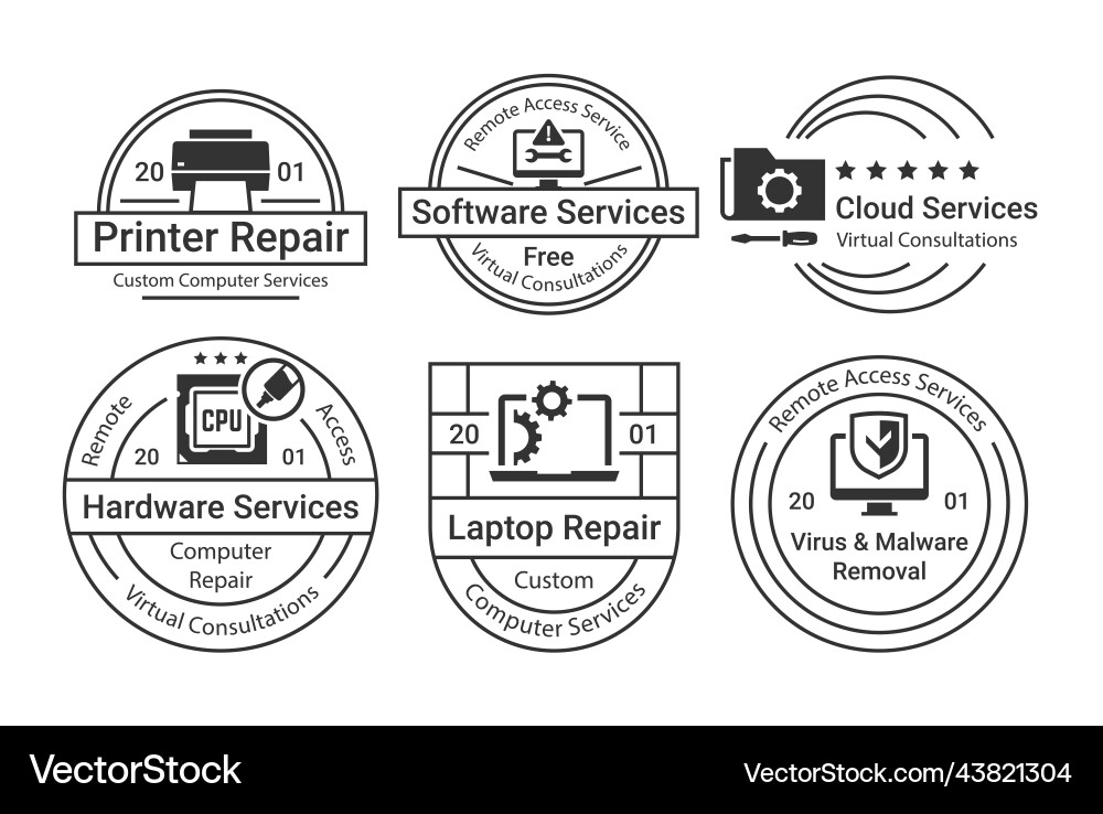 Computer service line art monochrome badge set Vector Image