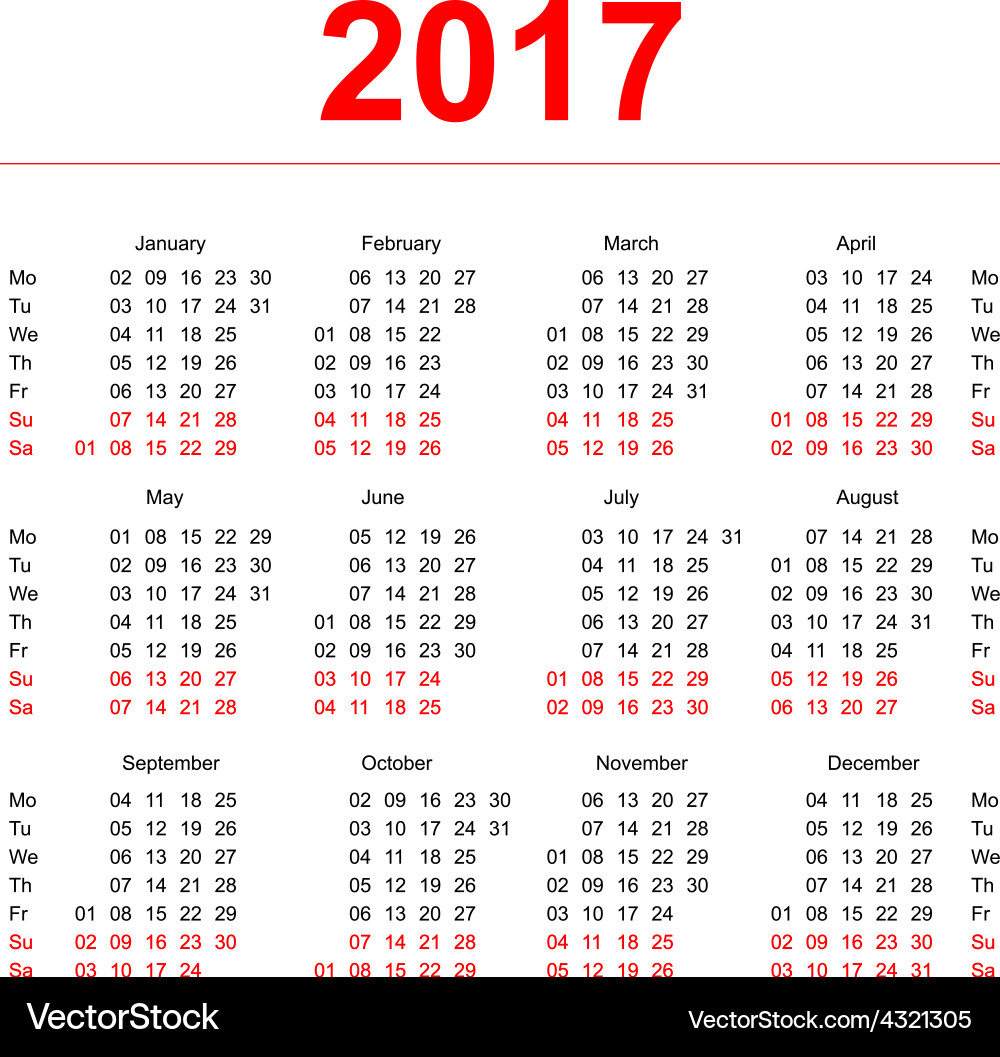 2017 Calendar - Vertical Layout Royalty Free Vector Image