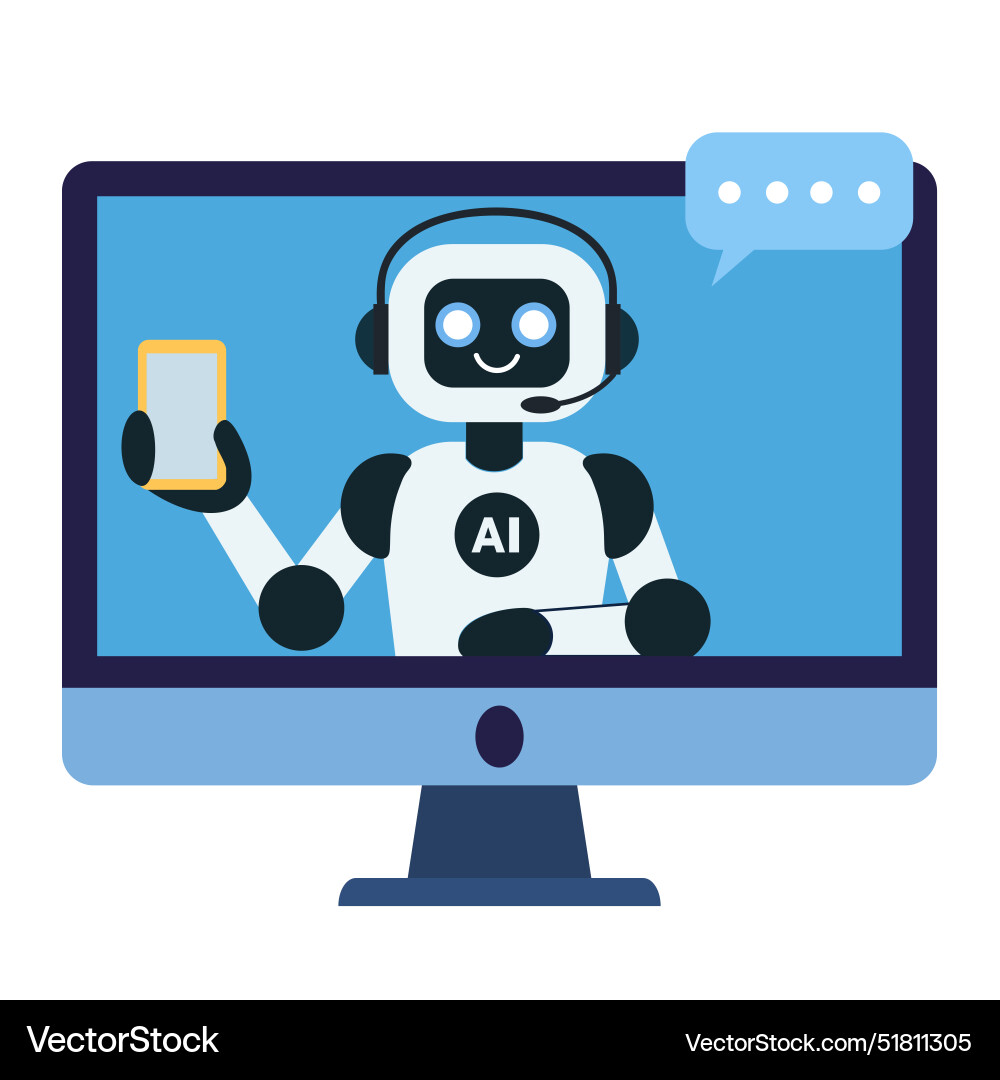 Cute chat bot robot on the computer monitor screen Cute chat bot robot on the computer monitor screen