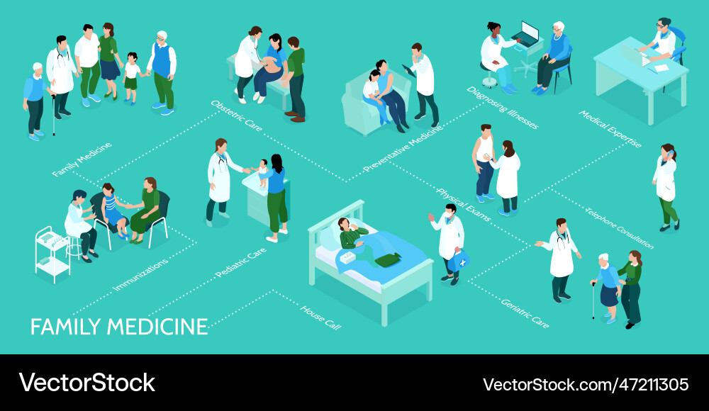 Isometric family medicine flowchart Royalty Free Vector