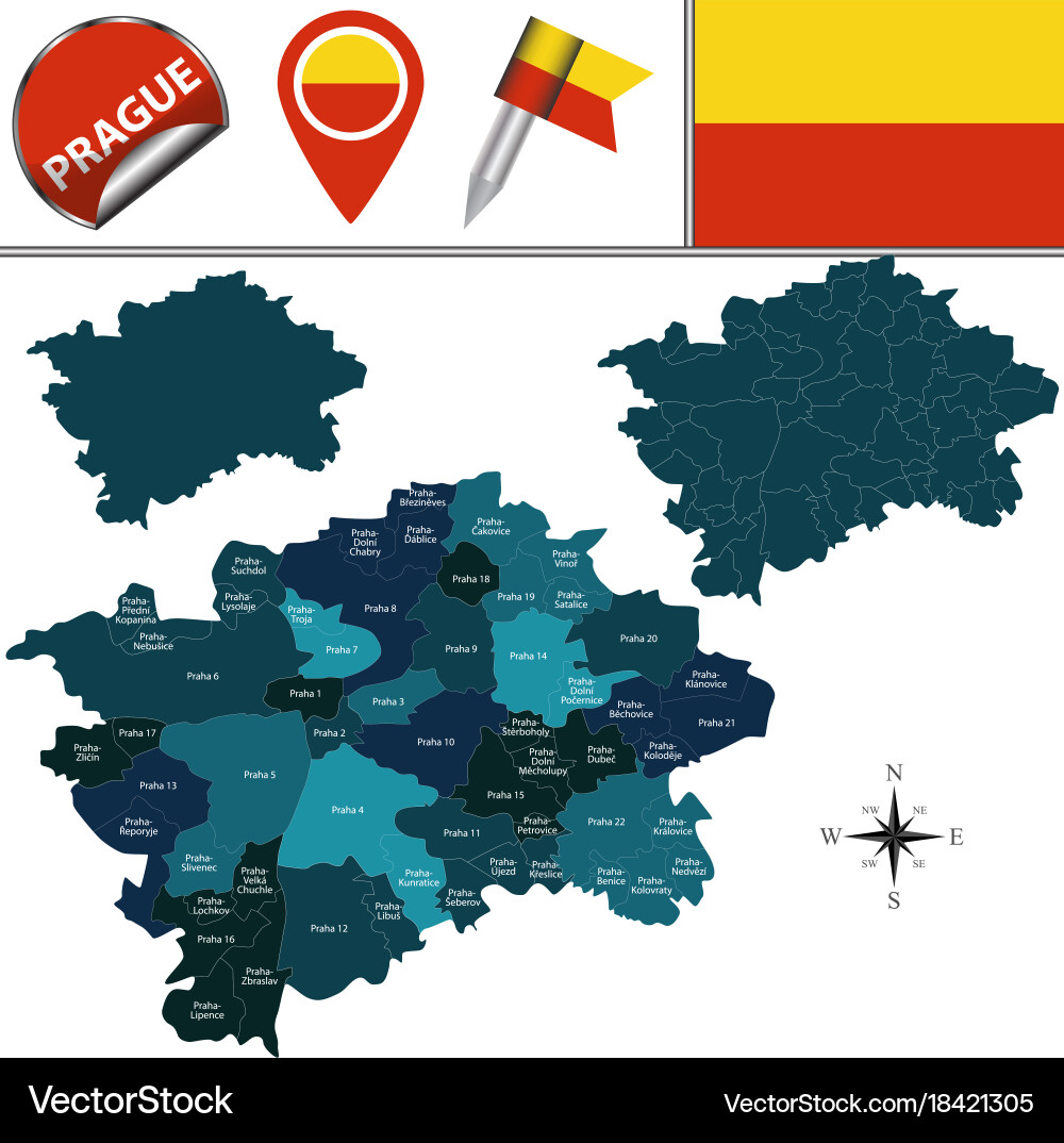 Map of prague with named administrative districts Vector Image