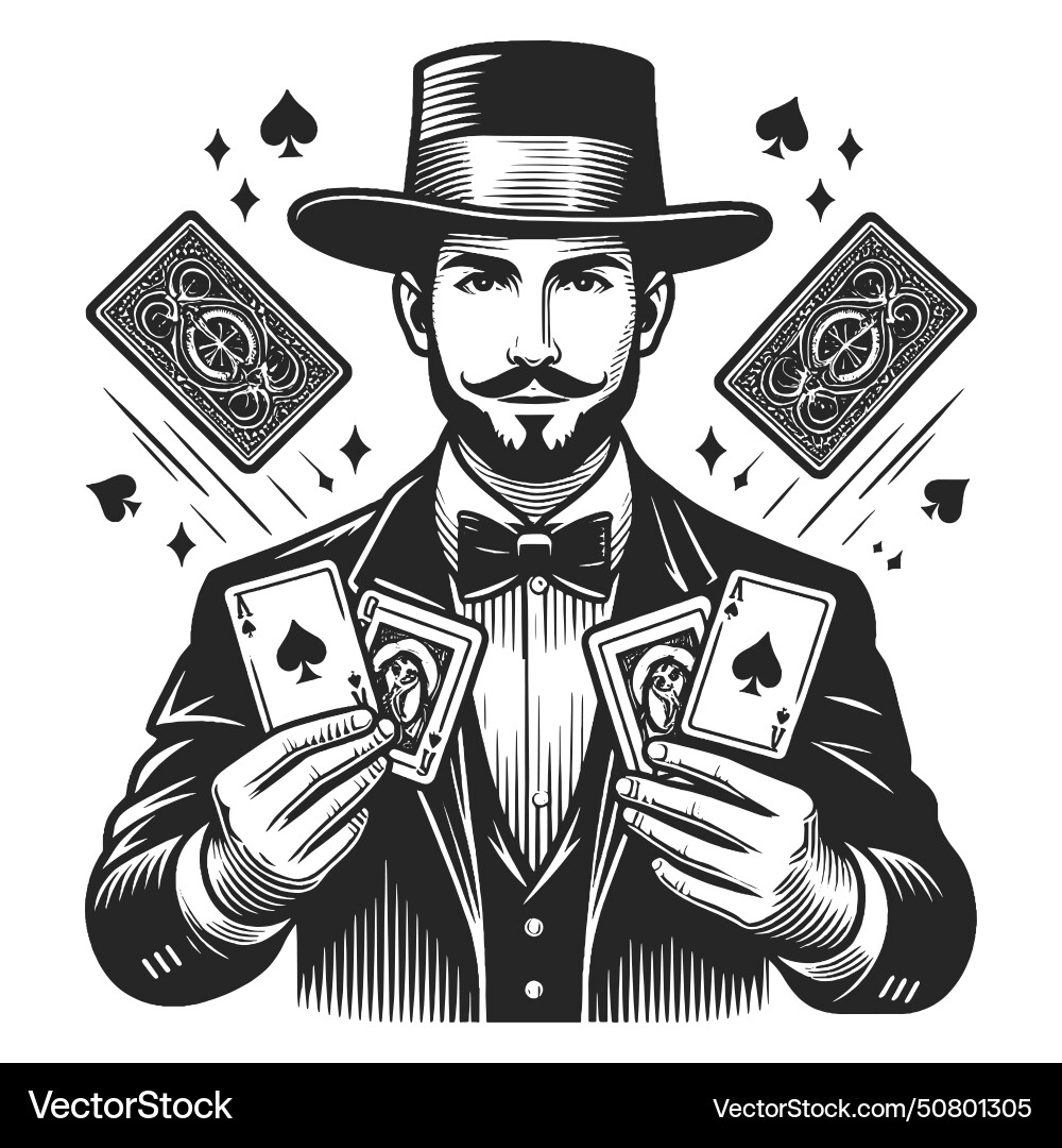 Vintage magician performing card tricks Royalty Free Vector