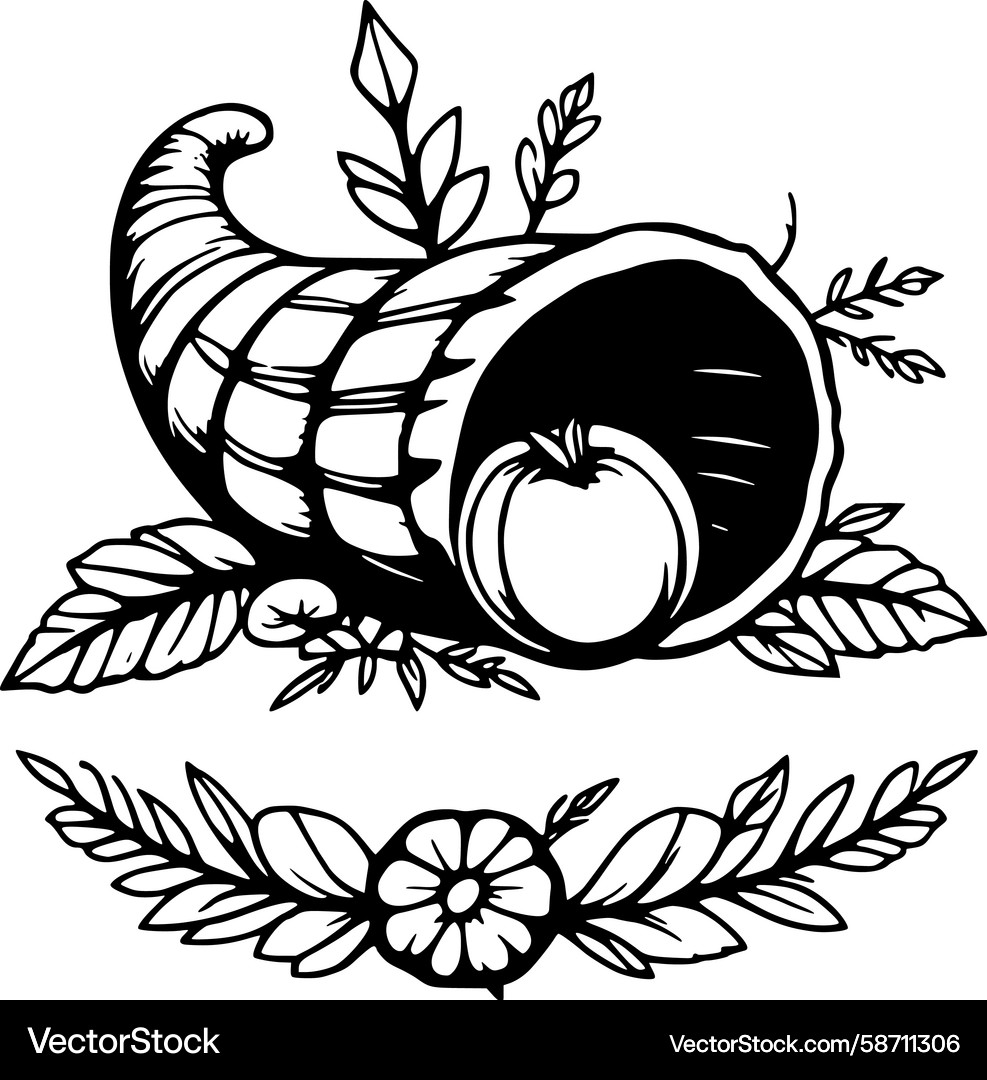 Cornucopia with apple and floral wreath Royalty Free Vector