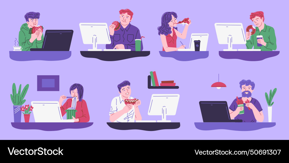 People snacking on fast food at workplaces set Vector Image