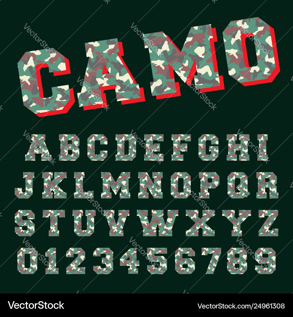 Camo alphabet font template letters and numbers Vector Image