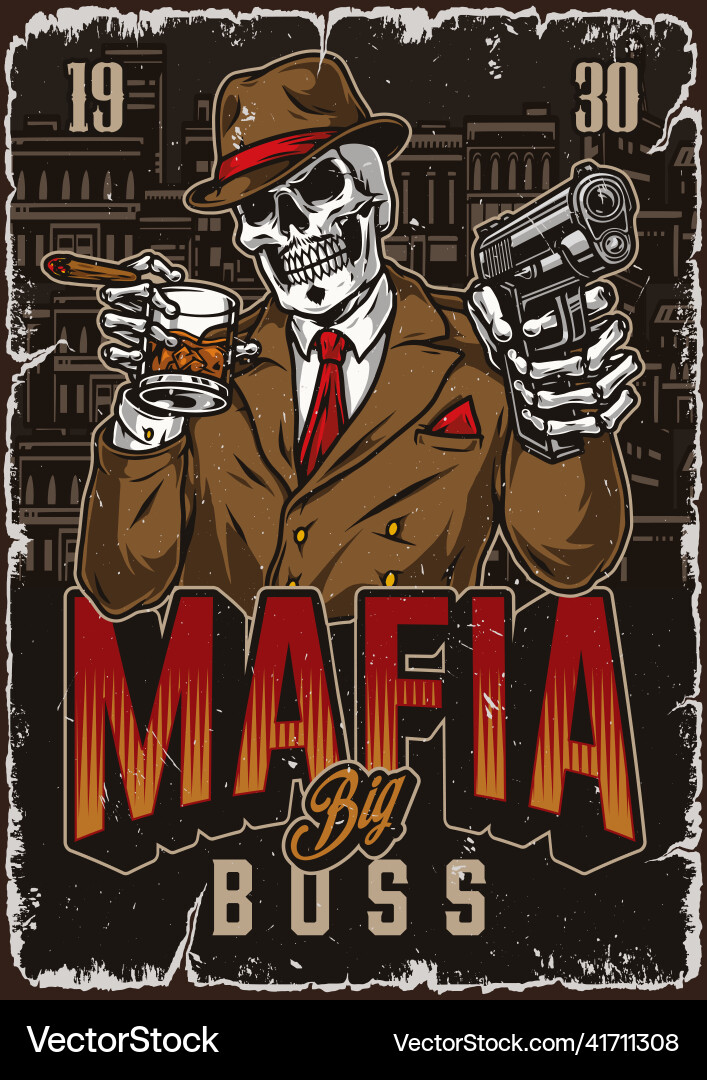 Mafia vintage poster with skeleton boss Royalty Free Vector