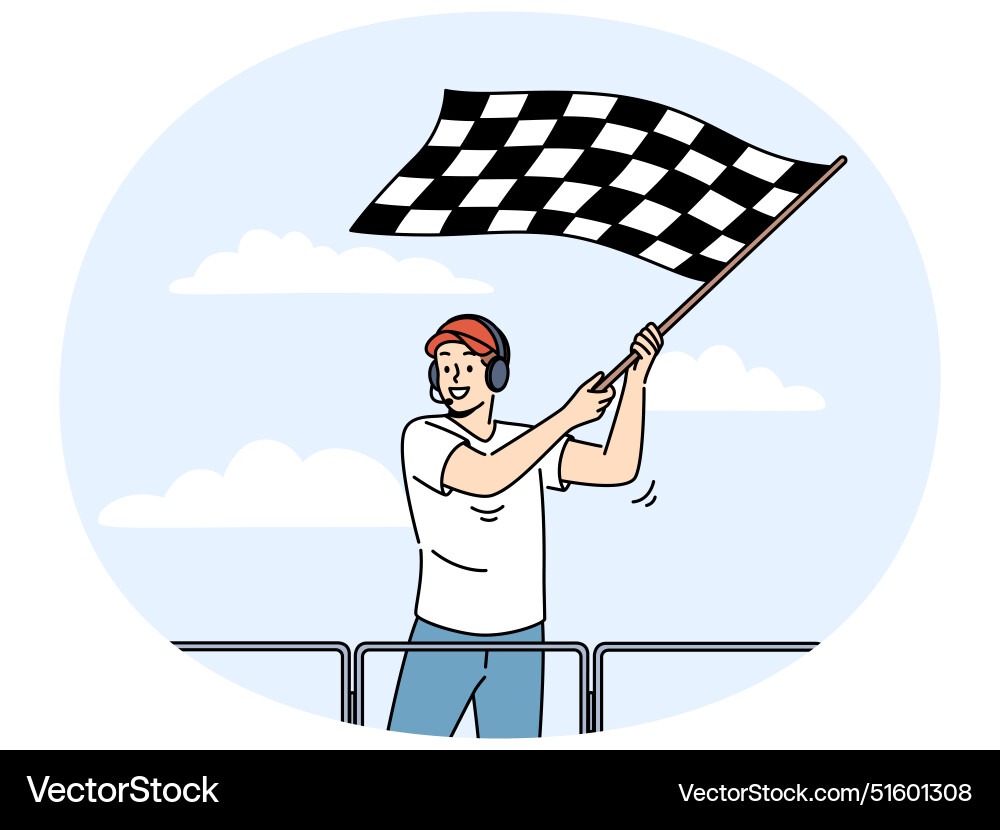 Smiling man wave with checkered flag at racing Vector Image