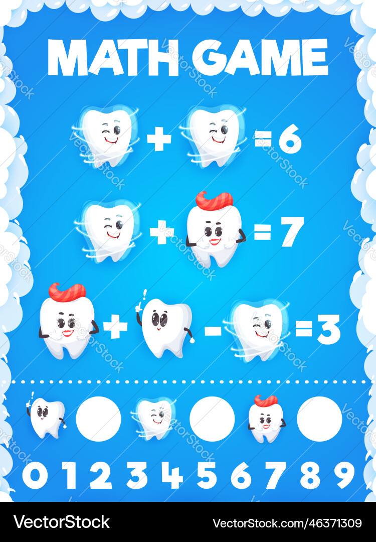 Cartoon tooth characters math game worksheet Vector Image