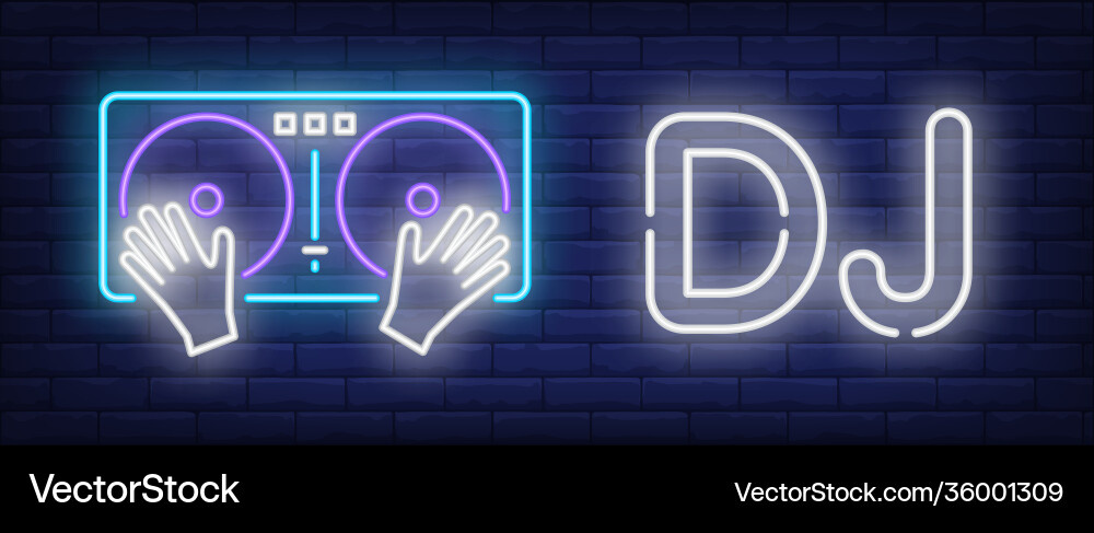 Dj neon text with turntable Royalty Free Vector Image