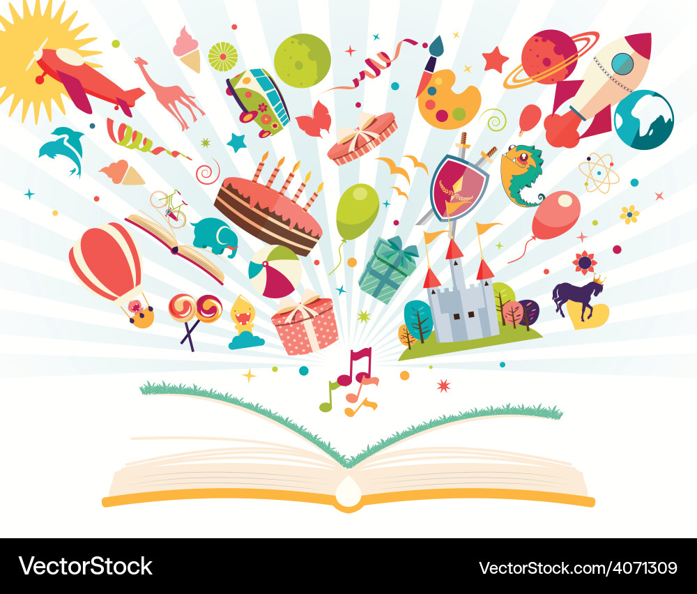 Imagination concept open book with objects flying Vector Image