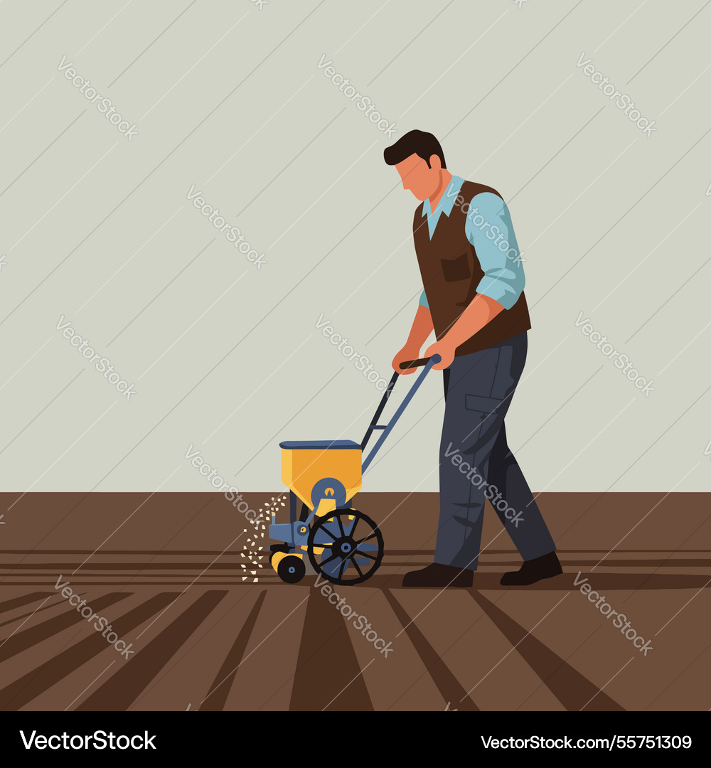 Man sowing seeds in field using seeder Royalty Free Vector