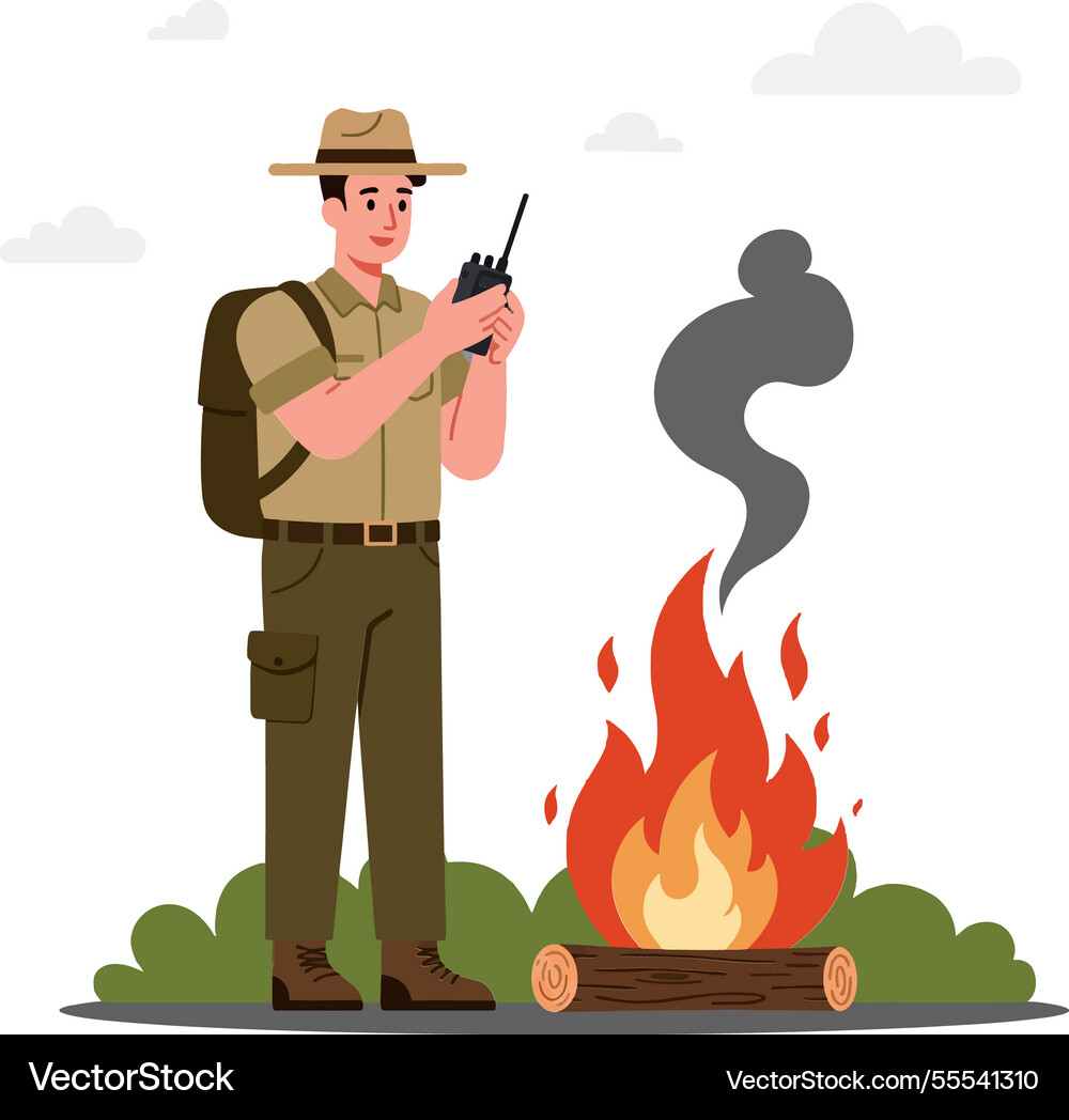 Forest ranger using radio near campfire in flat Vector Image