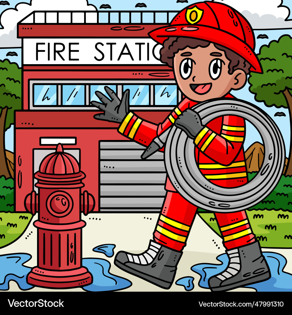 Labor day fireman with a hose colored cartoon Vector Image