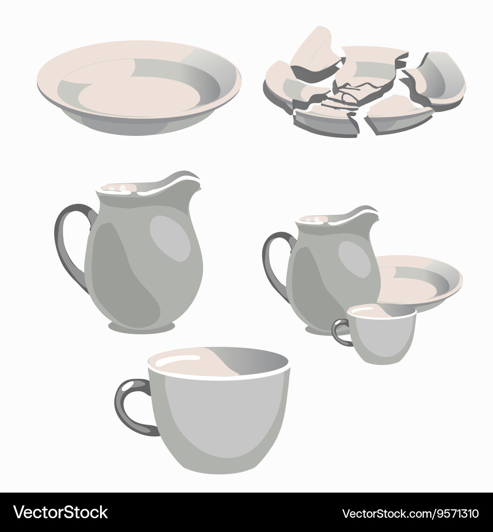White porcelain kitchen utensils and broken plate Vector Image