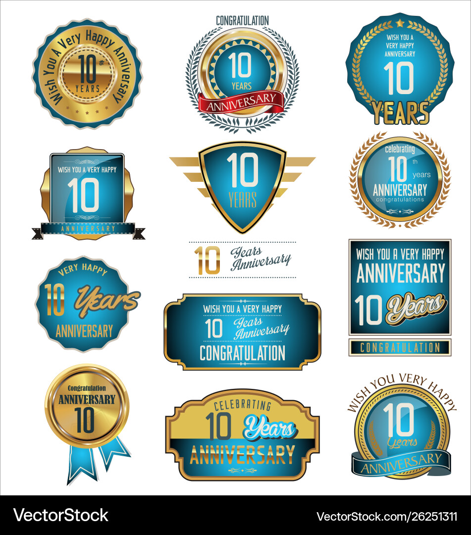 Blue and Gold Anniversary Labels - 10 Years Vector Image