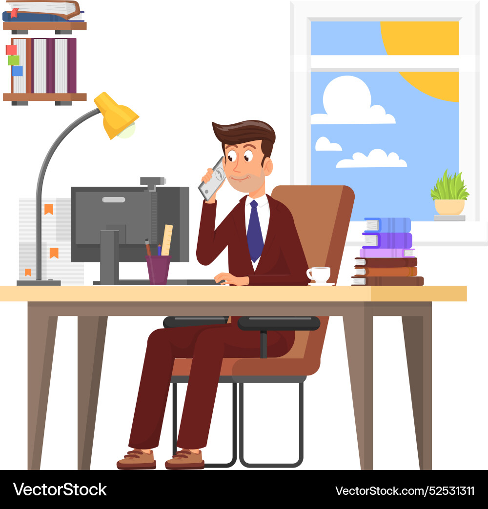 Man working at day workplace interior with sunny Vector Image