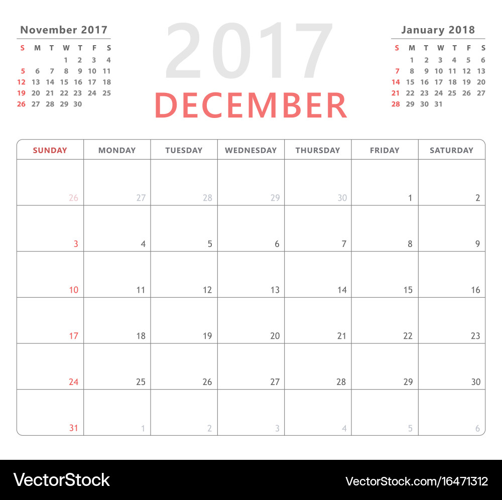 Calendar planner 2017 december week starts sunday Vector Image