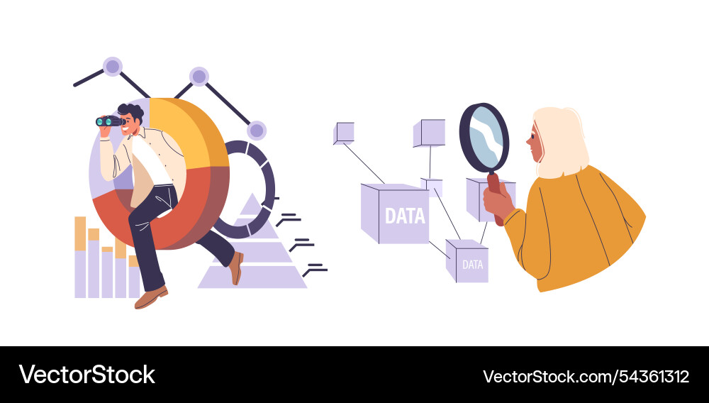 Man and woman searching digital data on virtual Vector Image
