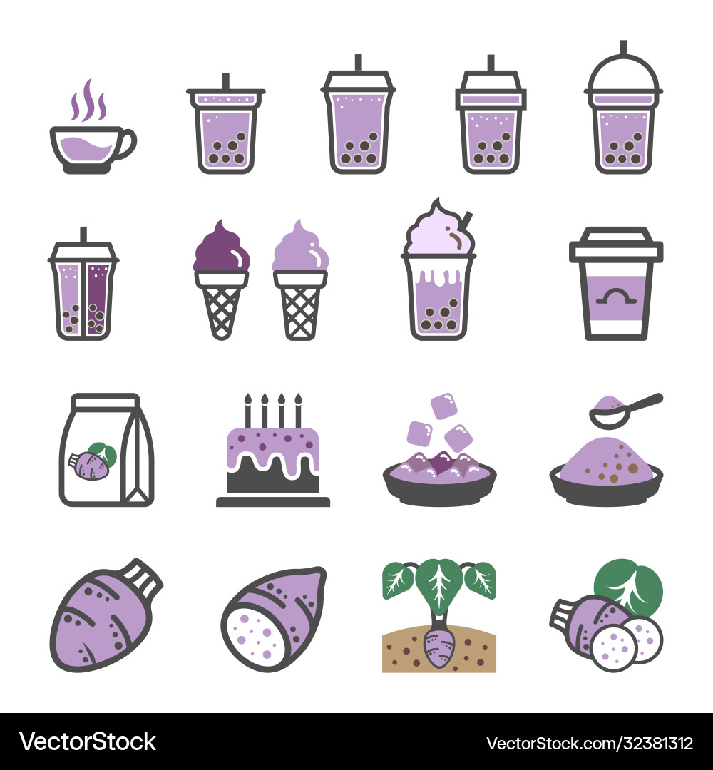 Taro icon set pearl milk tea bubble Royalty Free Vector
