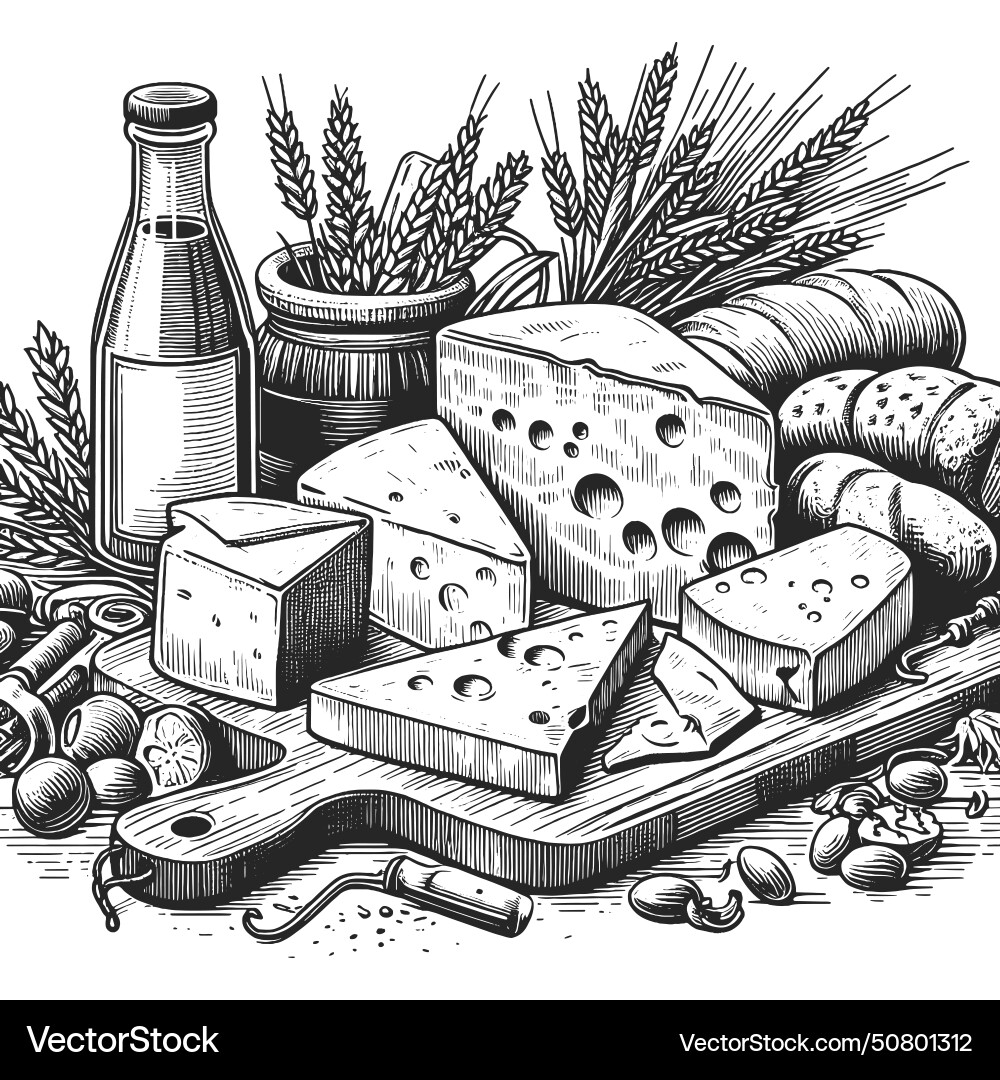 Vintage cheese and bread still life sketch Vector Image