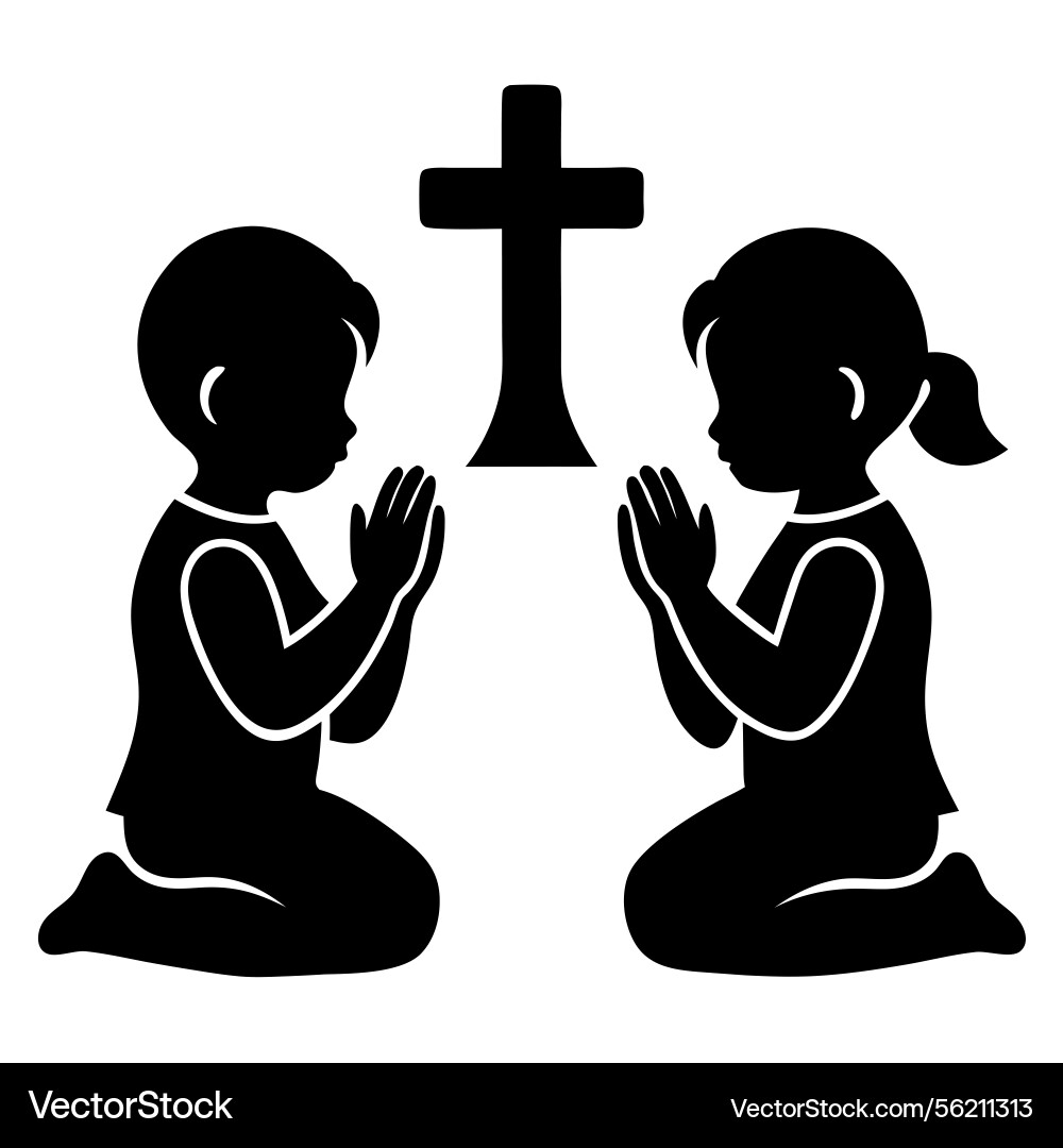 Children praying kneeling before cross silhouette Vector Image