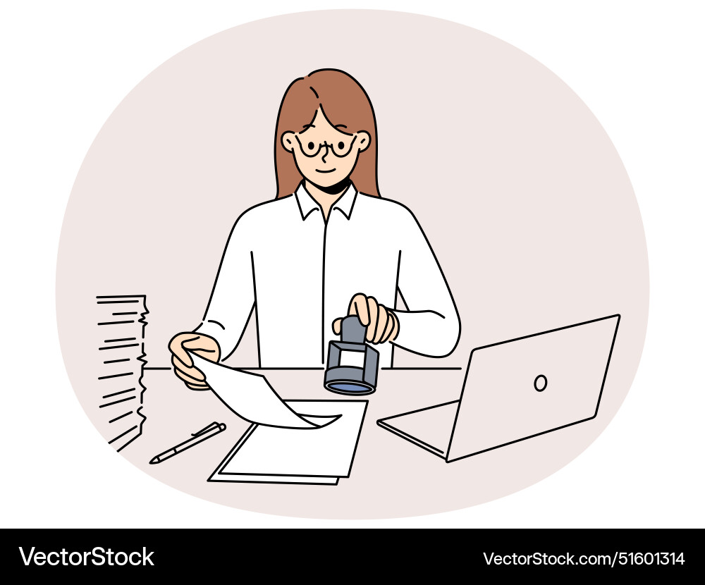Smiling businesswoman stamp documents in office Vector Image