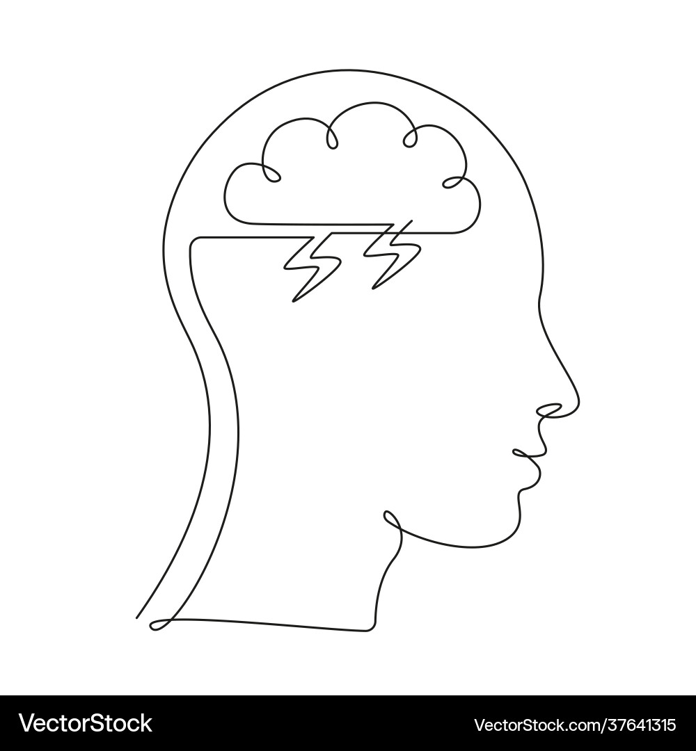 Human head with storm cloud in one line drawing Vector Image