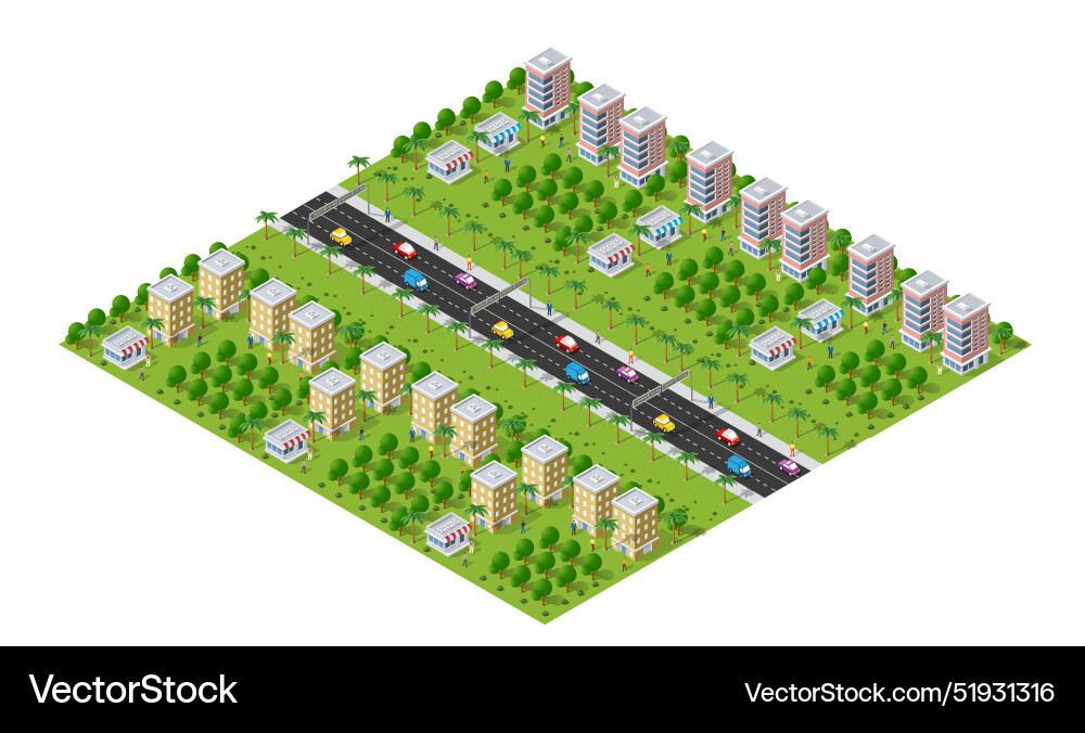 Isometric city with road separating apartment Vector Image