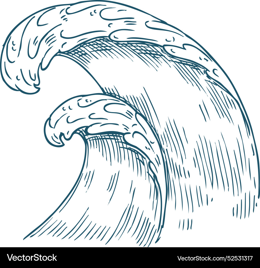 Curled storm waves drawing ocean splash sketch Vector Image