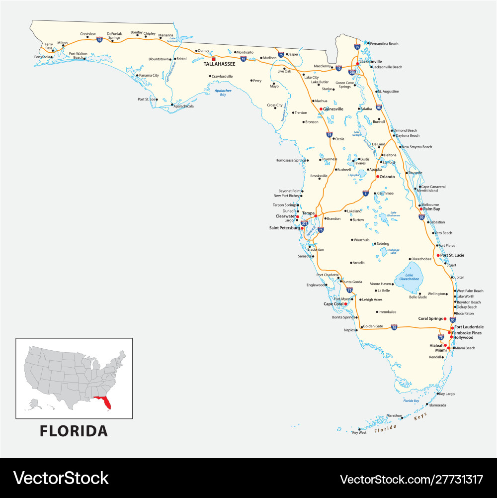 Road map us american state florida Royalty Free Vector Image