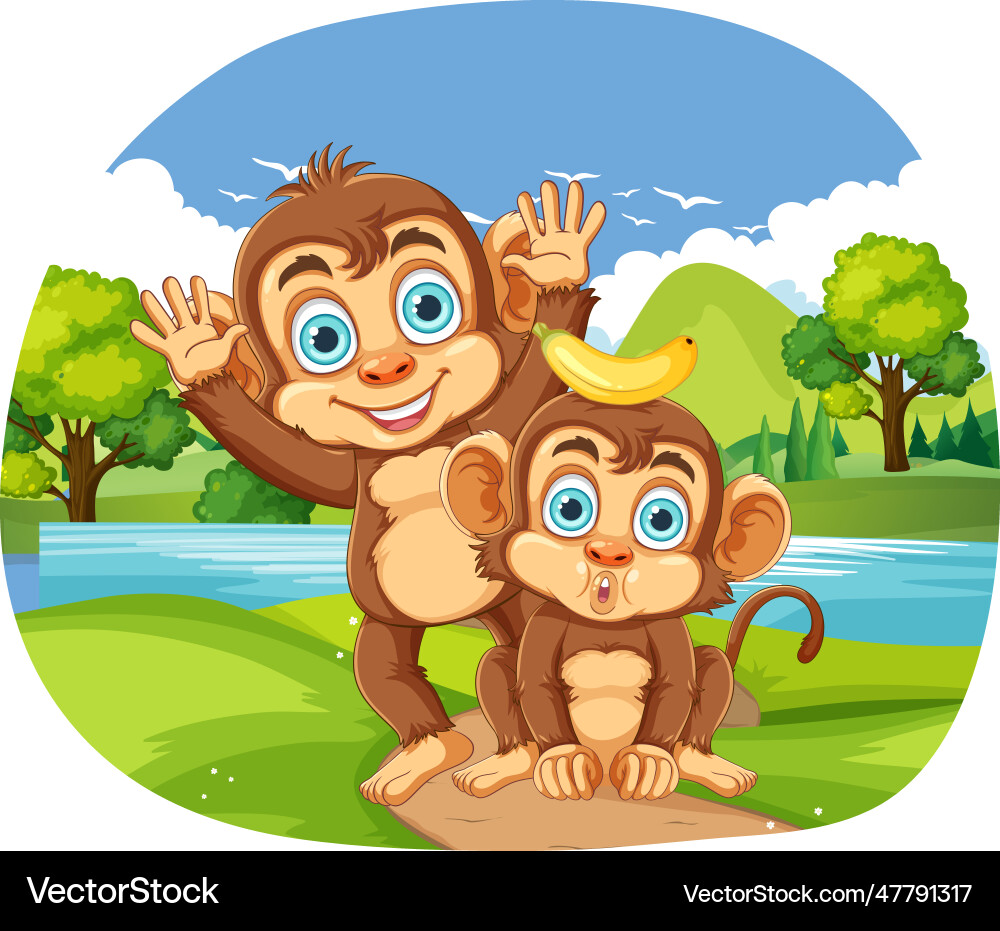 Two funny monkeys cartoon characters Royalty Free Vector