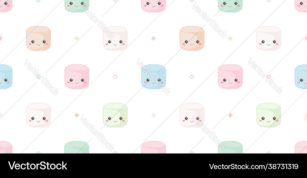 Seamless pixel art kawaii pattern with marshmallow
