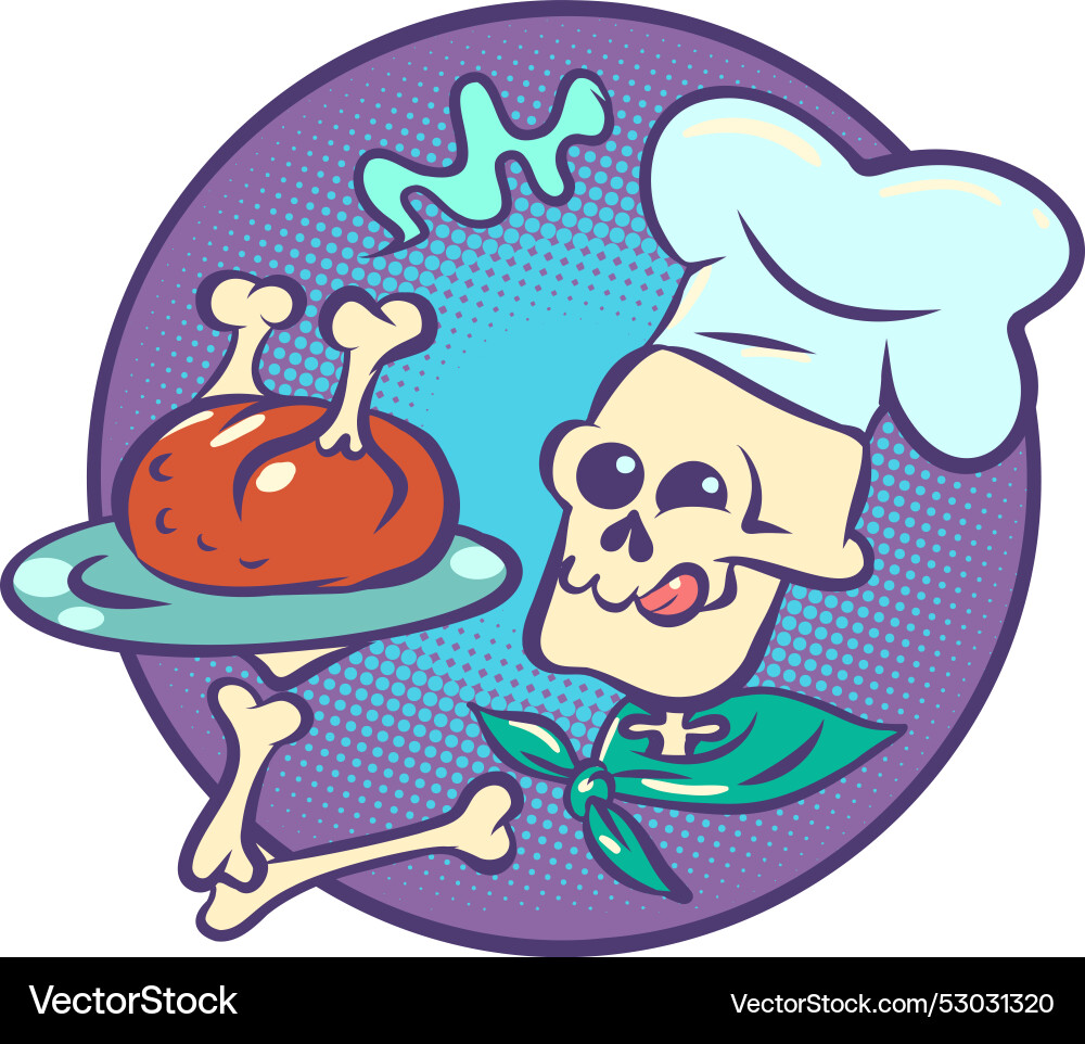 A skeleton cook holds plate with cooked chicken Vector Image