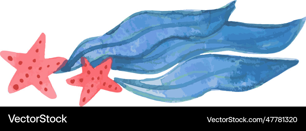 Red starfish with seaweed border watercolor Vector Image