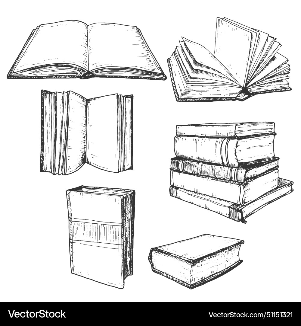 Hand drawn book sketch set open and stack Vector Image