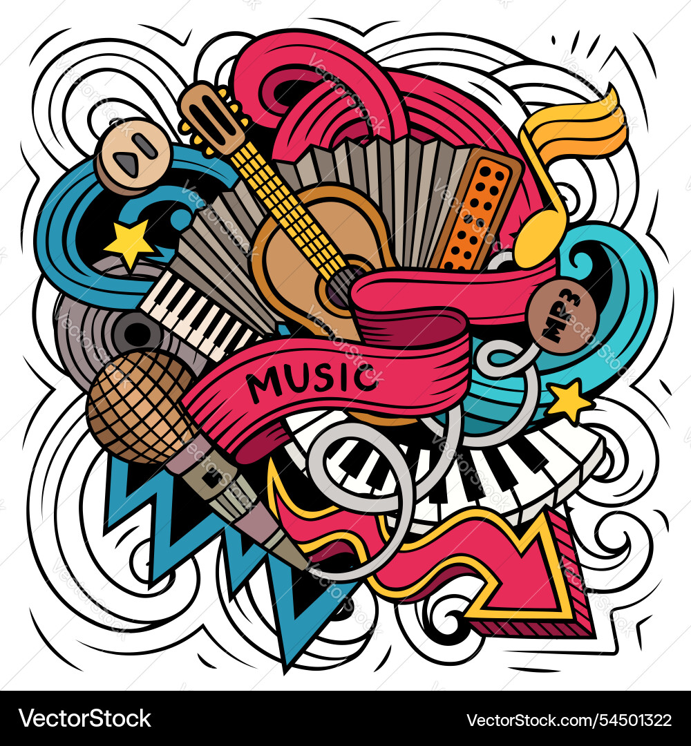 Music hand drawn doodles musical poster design Vector Image