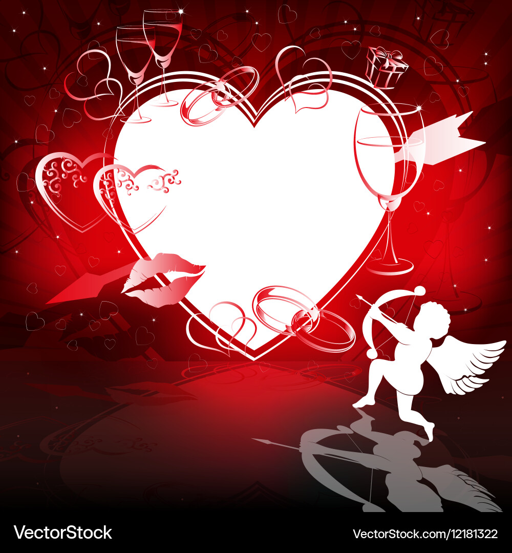 Red background with hearts and cupid Royalty Free Vector