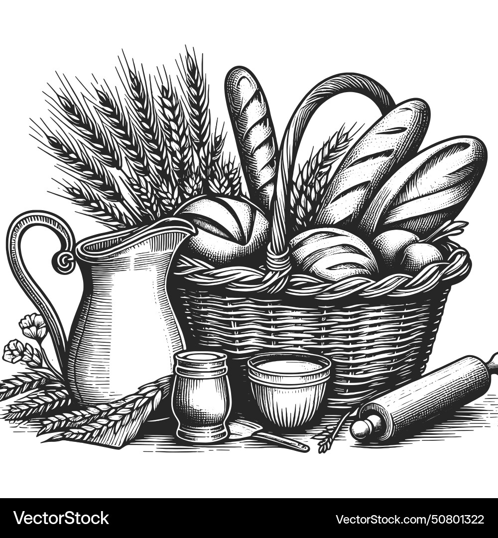Rustic bread basket with wheat engraving Vector Image