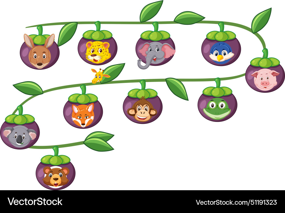 Colorful animals in whimsical fruit vine Vector Image