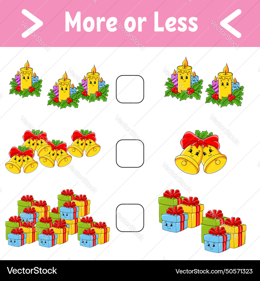 More or less educational activity worksheet Vector Image