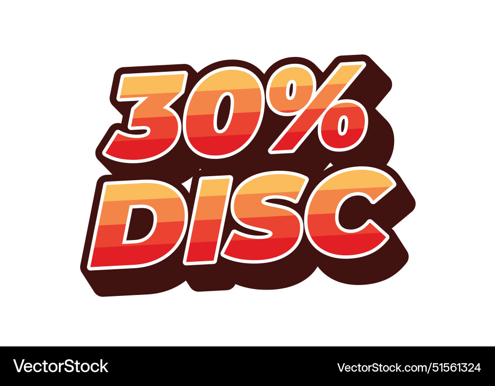 30 percent discount text effect in 3d style Vector Image