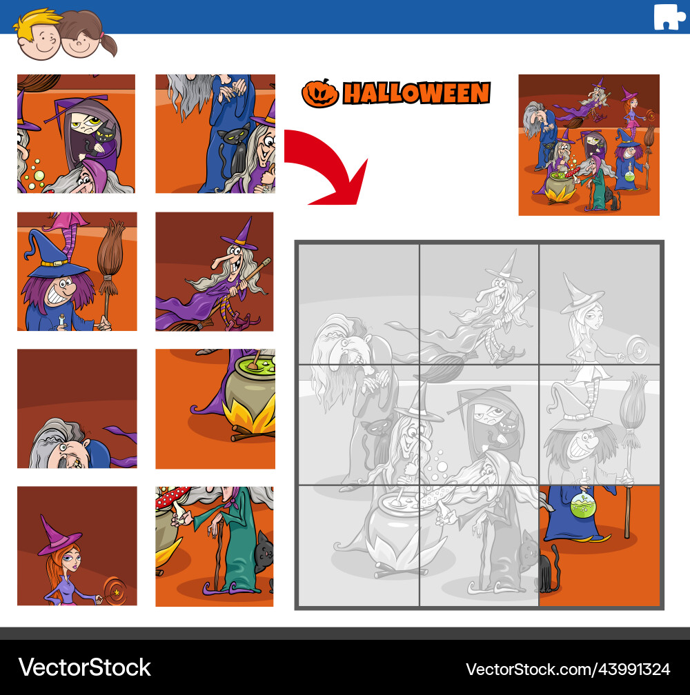 Jigsaw puzzle task with cartoon witches Royalty Free Vector